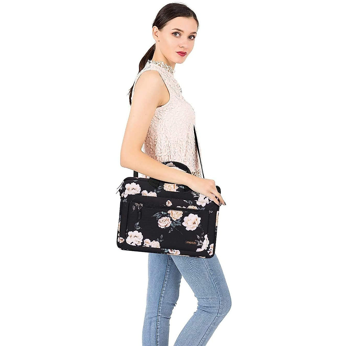 MOSISO Laptop Shoulder Bag Compatible with MacBook Air 15 inch M3 A3114 M2 A2941/Pro 16 M4 M3 M2 M1, 15-15.6 inch Notebook, Camellia Sleeve with Adjustable Depth at Bottom, Black