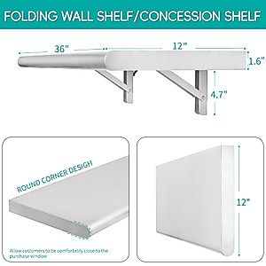 Concession Shelf 36"L x 12"W，22 gauge ASTM 304 Stainless Steel Folding Serving Food Shelf ，Wall Mount Shelving , Stainless Steel Shelf For Food Truck, grill area,BBQ working table, Restaurant .NSF