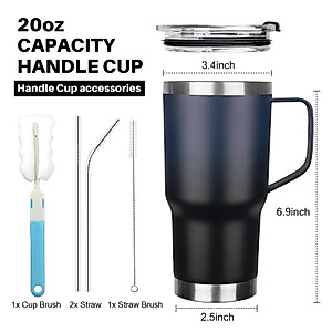 GUDEMAO 20 oz Stainless Steel Tumbler with Handle, Double Wall Vacuum Insulated Coffee Mug Tumbler with Lid and Straw, Thermal Cup for Cold and Hot (Blue Black)