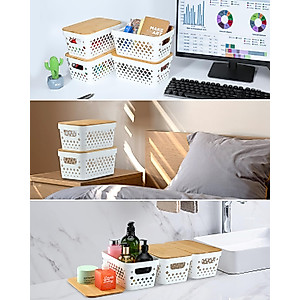 Small Storage Bins with Lids-Plastic Storage Containers Storage Baskets for Organizing Desktop Closet Playroom Classroom Office,Set of 6，White