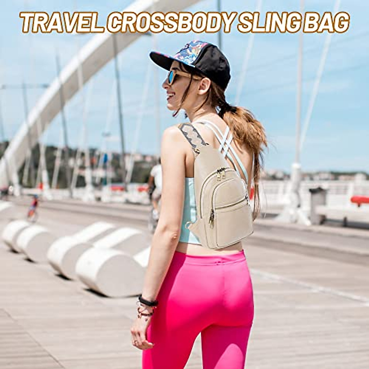 KFXFENQ Sling Bag for Women PU Leather Sling Bags for Women Crossbody Fashion Sling Backpack Multipurpose Chest Bag for Cycling (Beige)