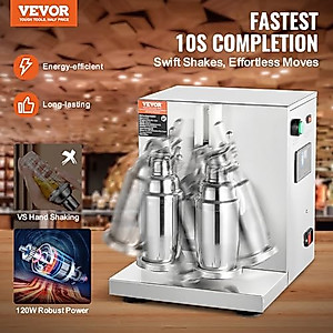 VEVOR Milk Tea Shaker, Electric Double Frame Milk Tea Shaker Machine, 0-180s Adjustable Milk Shake Mixer Machine with Double 750ML Stainless Steels Cups for Bubble Tea Boba Tea Juice Coffee Milk Wine