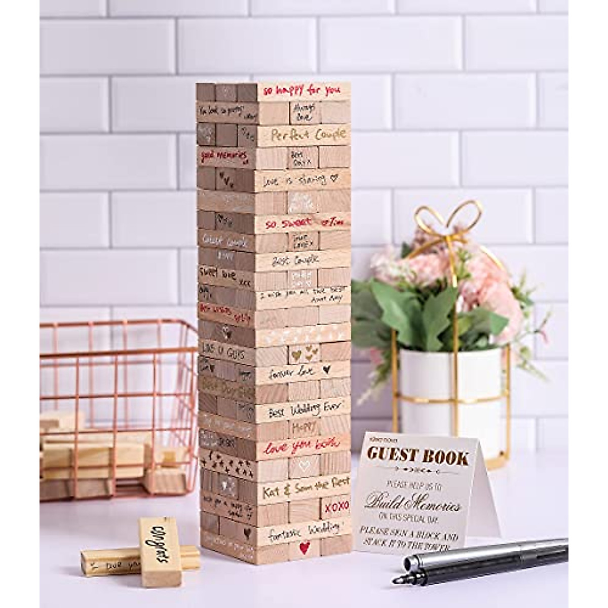 Wedding Guest Book Alternative, 72 PCS Wooden Block Guest Book for Wedding Sign In, Reception, Baby Shower, Guestbook for Wedding, Unique Wedding Book w 4 Paper Signs and 4 Color Signing Pens