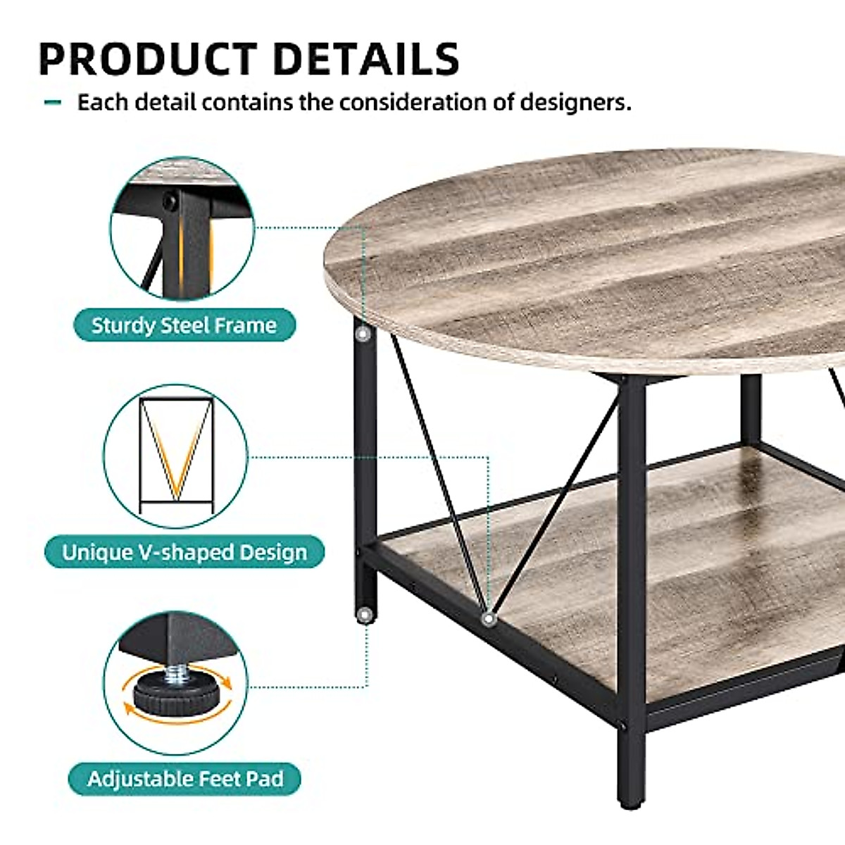 YITAHOME Round Coffee Table,Wood Coffee Table for Living Room,2-Tier Rustic Farmhouse Circle Coffee Table with Sturdy Metal Legs Storage Shelf,Grey Wash