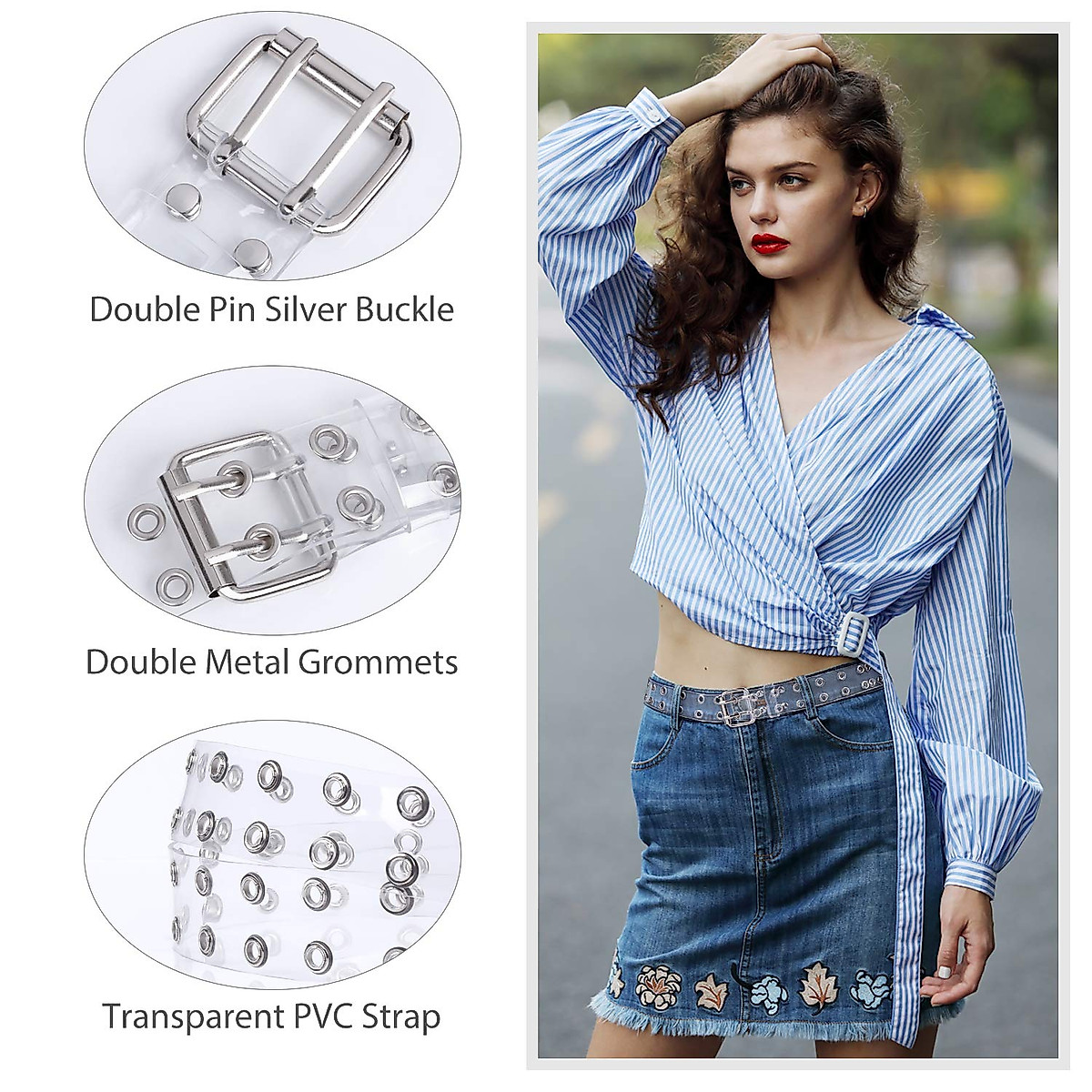 WERFORU Ladies Clear Double Grommet Belts With Holes for Teens Girls Transparent Punk Waist Belts for Jeans Shorts Thanksgiving Day(pants size below 35”,silver)