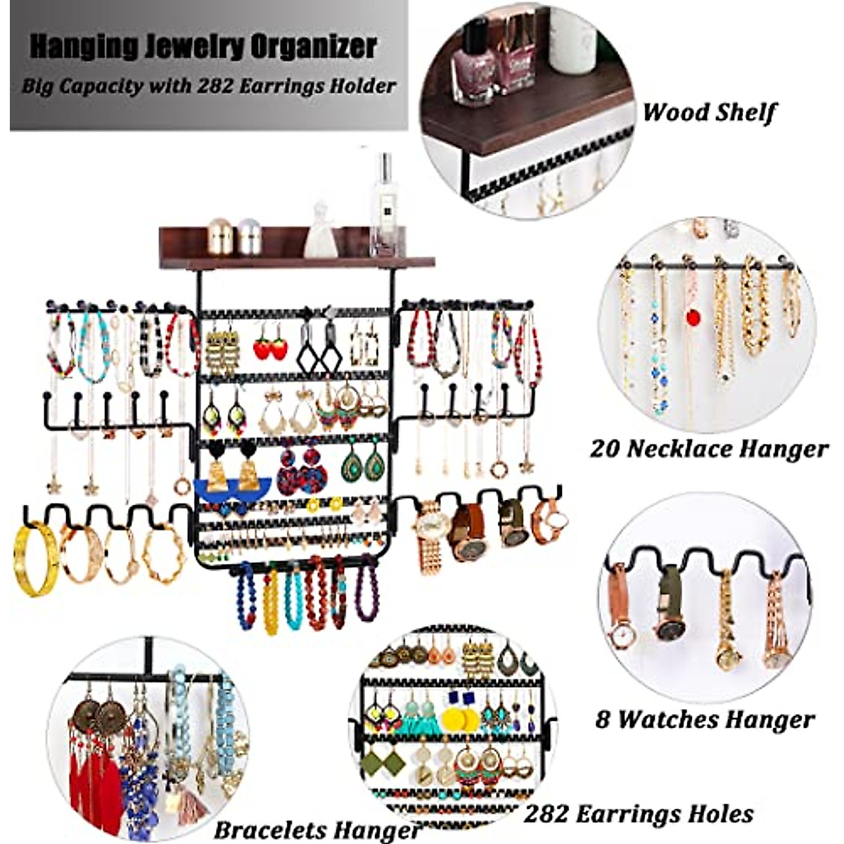 ARIYIBO Hanging Jewelry Organizer Wall Mounted, Earring Organizer Holder Necklace Organizer for Women Girls, Rotating Hanging Jewelry Holder Rustic Wood Shelf Jewelry Display Hanging for Bracelet
