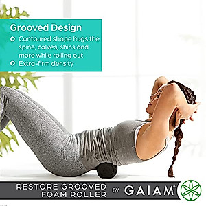 Gaiam Restore Grooved Foam Roller - Cradles The Spine, Calf, or Arms for Deep Muscle Release - Lightly Textured with Padding for Gentle Massage - 8"L x 4"D - Includes Massage Guide