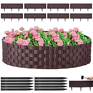 Sasylvia 8 Sets Faux Rattan Brown Landscape Edging Flexible Plastic Garden Border Decorative Lawn Edging Flower Bed Edging Borders with Anchoring Stakes and Hammer for Outdoor, 23.62 x 0.3 x 8.66 Inch
