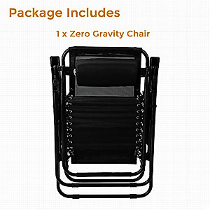 Pacific Pass Folding Zero Gravity Reclining Chair w/ Built-In Headrest - Durable Construction -Middle- Black