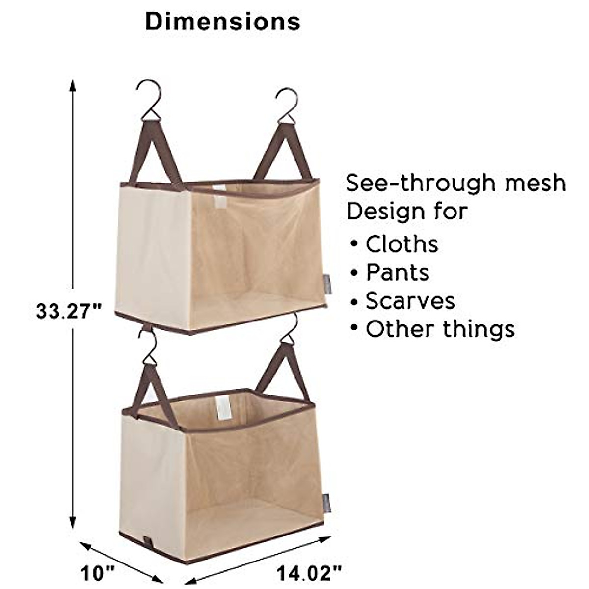 STORAGE MANIAC 2-Shelf Hanging Closet Organizer, Cloth Hanging Closet Shelf, Canvas Hanging Closet Basket with Hooks for Dorm, Apt, Bedroom, College, Garment Rack, Wardrobe, Fabric with Mesh