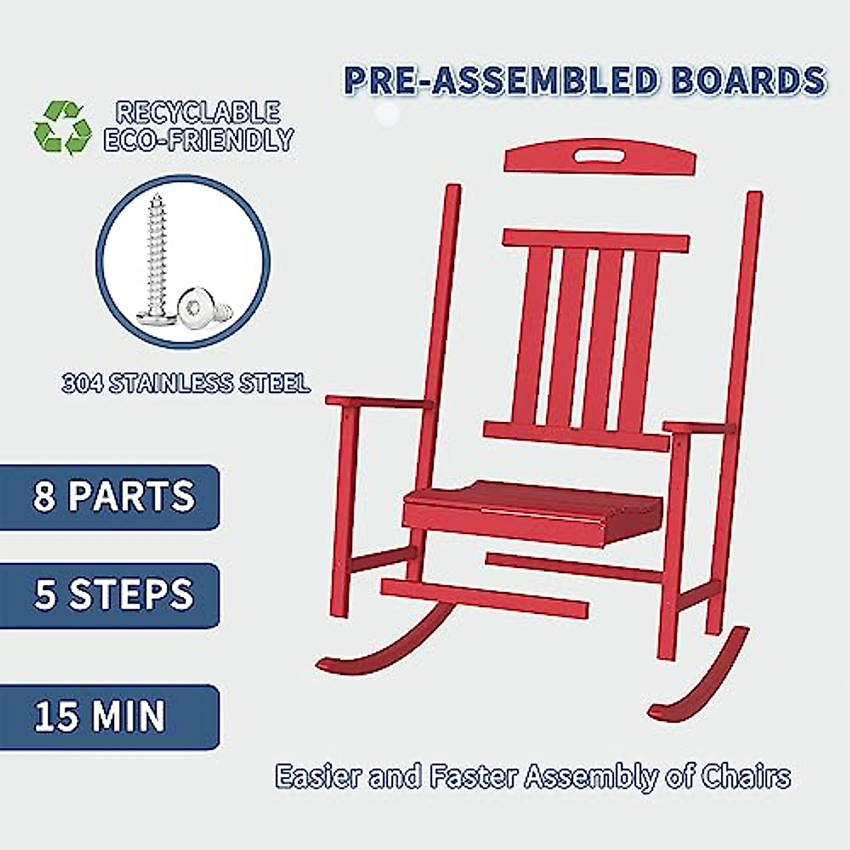 POLYDUN Outdoor Rocking Chairs, High Back Poly Lumber Patio Rocker Chair, 365Lbs Support Rocking Chairs, All-Weather Porch Rocking Chair for Lawn, Backyard, Indoor, Garden, Like Real Wood, Red, 2 Pack