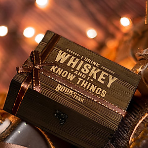 Boxed Set of Whiskey Gifts for Men - Includes Popular Whiskey Trivia, 2 Bourbon Glasses, 6 Stones, 2 Slate Coasters, 1 Wooden Freezer Tray & Stainless Steel Tongs - All in 1 Premium Giftable Box