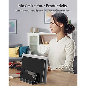 AboveTEK Vertical Laptop Stand 3 Slots for Computer, Tablet, Phone - Fits All Laptop Models (up to 17.3") - Heavy Duty Polished Aluminum Desktop Holder - Anti Slide Silicone Grips - Black