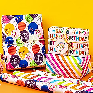 WRAPAHOLIC Birthday Wrapping Paper Roll - Mini Roll - 3 Rolls - 17 Inch X 120 Inch Per Roll - Colorful Balloons, Stripes, Happy Birthday for Party, Celebration, Baby Shower