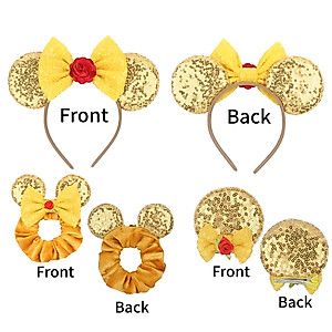 zhezesmila Beauty Mouse Ear Headband, Classic Mouse Ear Clips, Belle Rose Bow Scrunchies for Women, Girls, Princess Dress Accessories, Party, Cosplay