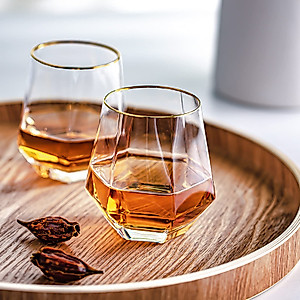 Diamond Wine Glass Set of 2, Modern Stemless Golden Edge Glass Cups Drinking Glassware for Serving Party,Home,Bar, Restaurants Transparent