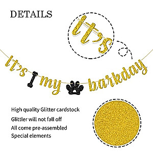 WeBenison Glitter It's My Barkday Banner, Pet Dog Birthday Banner, Puppy Birthday Party Decorations Gold & Black