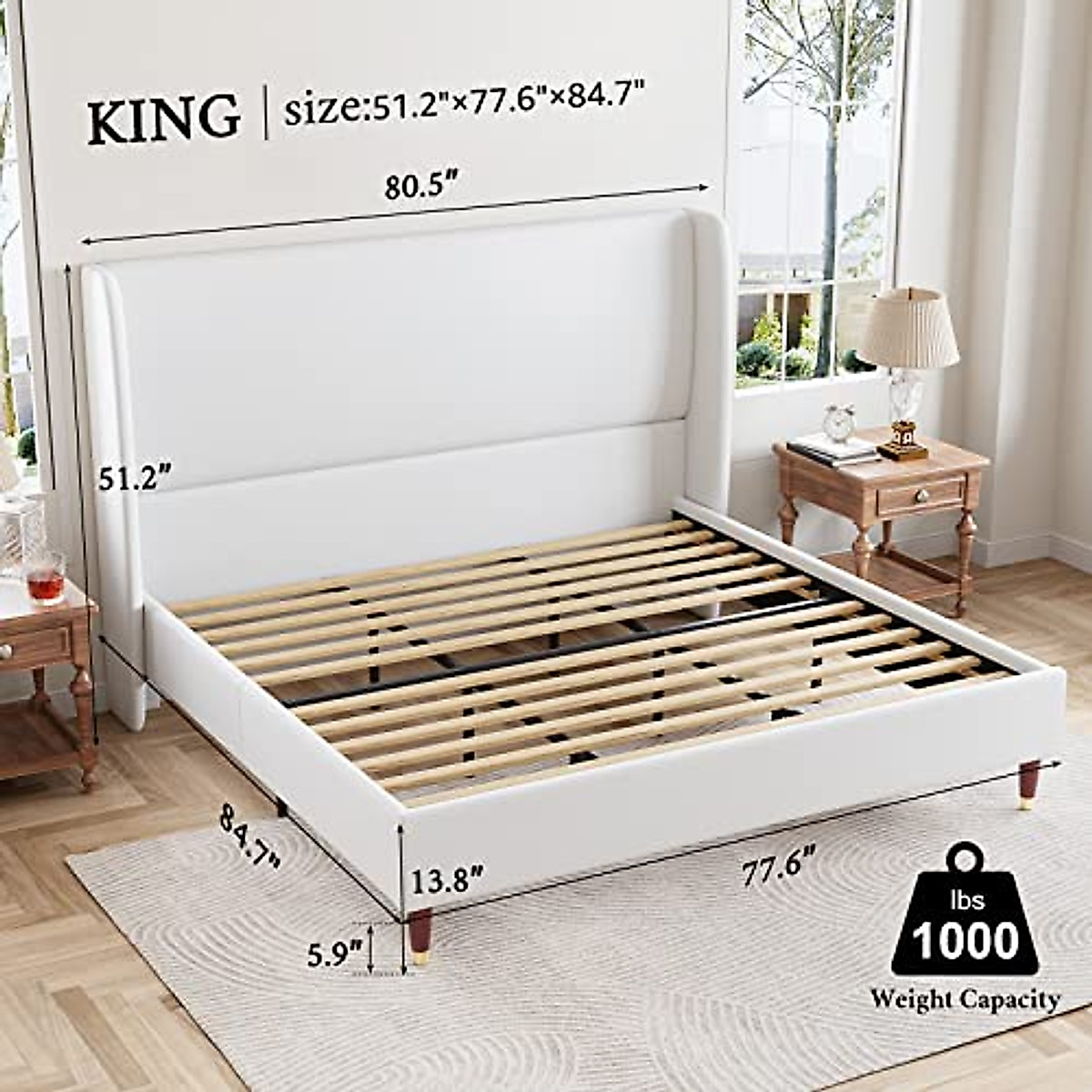 Jocisland King Size Bed Frame 51.2" High Linen Upholstered Platform Bed with Wingback Headboard/No Box Spring Needed/Easy Assembly/White