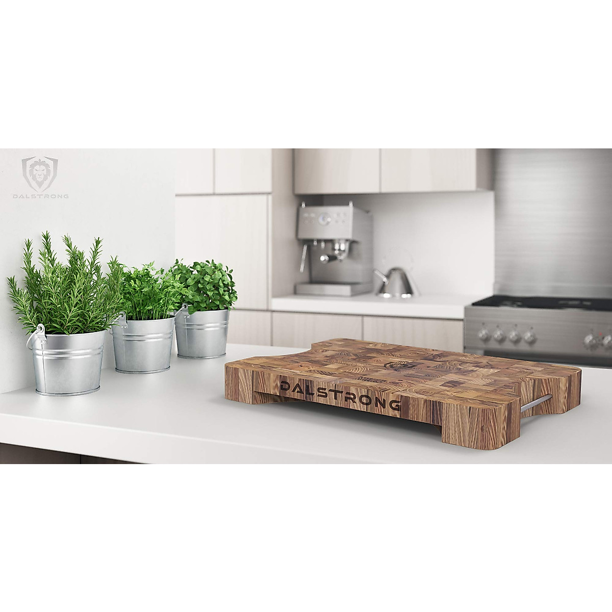 The Dalstrong Lionswood End-Grain Teak Cutting & Serving Board Bundled with The Gladiator Series Elite 7" Santoku Knife