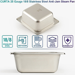 CURTA 6 Pack Anti-Jam Hotel Pans with Lids, 1/6 Size 2 1/2 Inch Deep, NSF Commercial 18/8 Stainless Steel Chafing Steam Table Food Pan with Covers