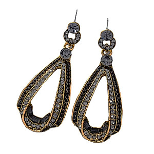 Antique Gold Bronze Tone Art Deco Vintage Gatsby Flapper Style Grey Onyx Jet Black Gray Rhinestone Dangle Earrings