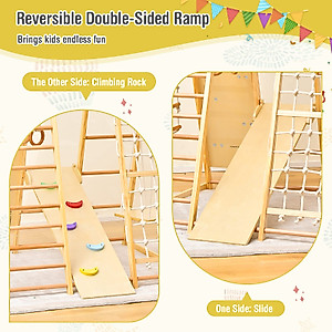 Costzon Indoor Jungle Gym, 8-in-1 Montessori Climbing Toys for Toddlers with Slide, Climbing Rock/Net, Monkey Bars, Indoor Wooden Playground Climber Playset for Kids 3-6 Years Birthday