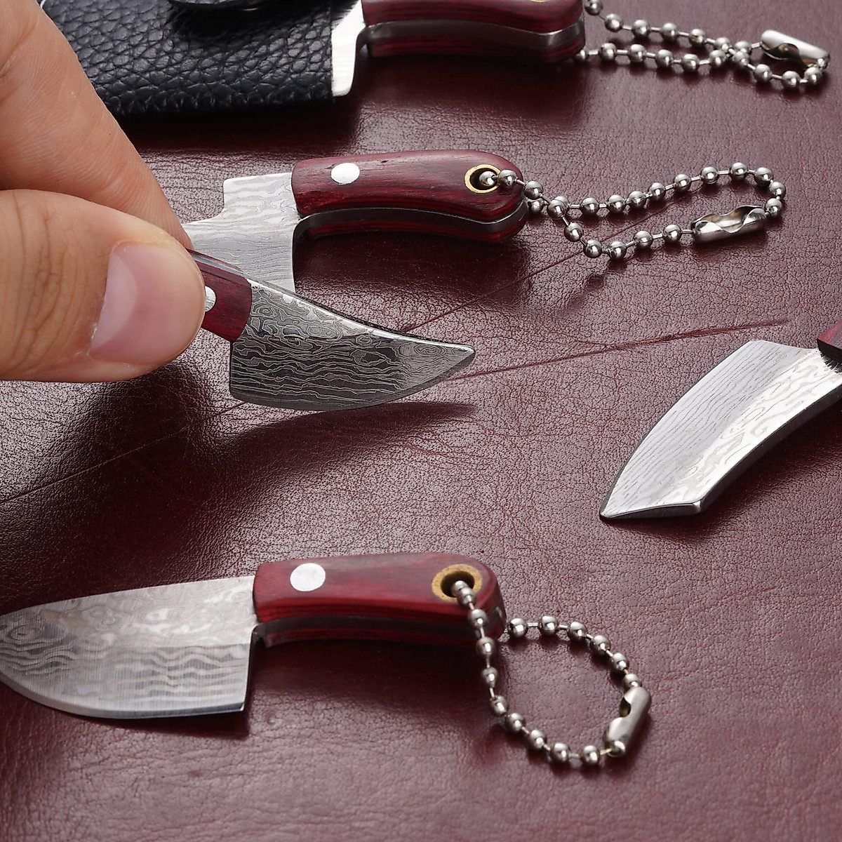 Sucrain 5PCS Damascus Pocket Knife Set Mini Chef Knife Set Mini Kitchen Chef Knife Tiny Set Keychain Small Knife for Package Opener Box Cutter