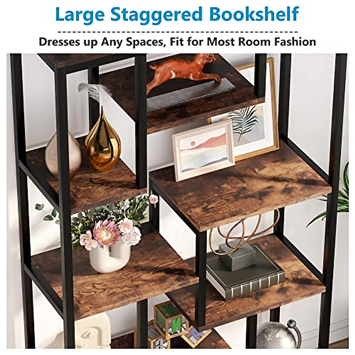LITTLE TREE 70.8 Inches Tall Bookshelf, Industrial Bookcase for Home Office, Rustic Brown 8-Shelves Wood and Metal Frame Display Shelf Open Storage Organizer Shelves