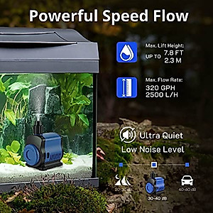 Flexzion 320 GPH Submersible Water Pump, Garden Fountain Pump Submersible Aquarium Waterpump with Adjustable Flow Rate and Suction Cup Mount for Aquarium, Fish Pond, Fish Tank, Outdoor, Hydroponics