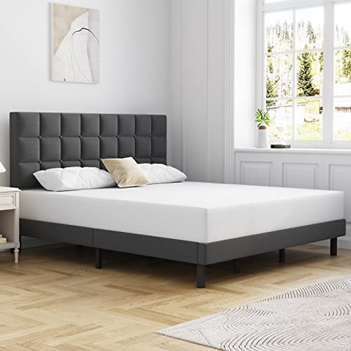Molblly King Bed Frame Upholstered Platform with Headboard and Strong Wooden Slats,Non-Slip and Noise-Free,No Box Spring Needed, Easy Assembly,Dark Gray