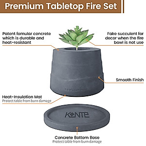 Kante 5.1 in. W Small Cake Portable Concrete Rubbing Alcohol Tabletop Fire Pit with Metal Extinguisher and 6 in. Dark Gray Base, Ethanol Fireplace, Indoor Outdoor Décor, Table Top Fire Pit Bowl Pot
