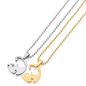 COOLSTEELANDBEYOND Pair Steel Gold Silver Matching Kitty Cat Friendship Pendant Necklace, Lovers Couples Friends