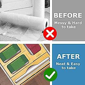 OFFSIR Ziplock Bag Storage Organizer and Plastic Wrap Dispenser, 5 Separate Food Bags Organizer for Kitchen Drawer, Bamboo Bag Holder with Cutter for Gallon, Quart, Sandwich, Snack, Wax, Foil