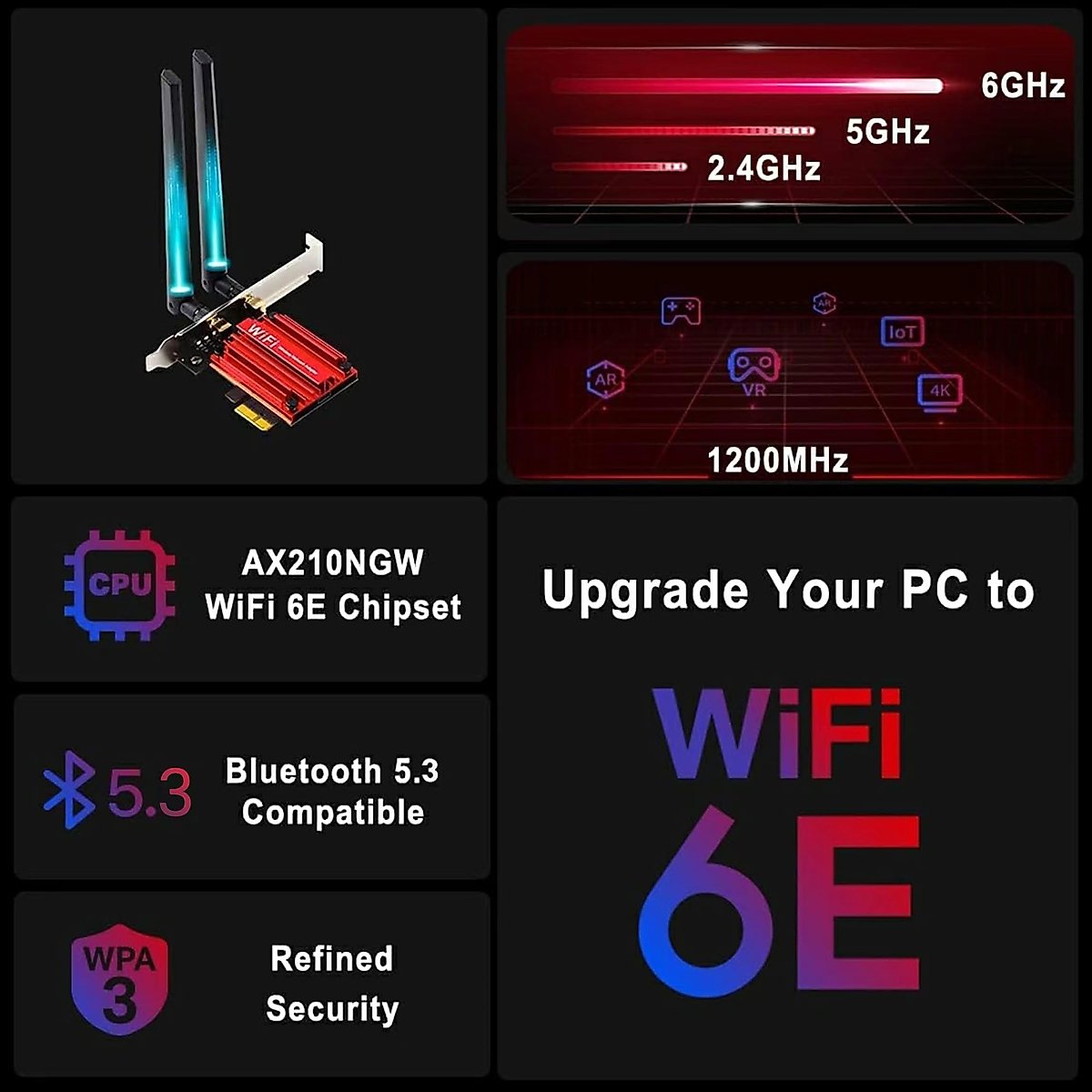 WiFi 6E AX210 WiFi Card，PCIe WiFi Wireless Network Card with Bluetooth 5.3，AX5400 Tri-Band PC Wireless Card，Supports OFDMA & MU-MIMO, Ultra-Low Latency, WPA3, Low-Profile Bracket, Windows 10/11