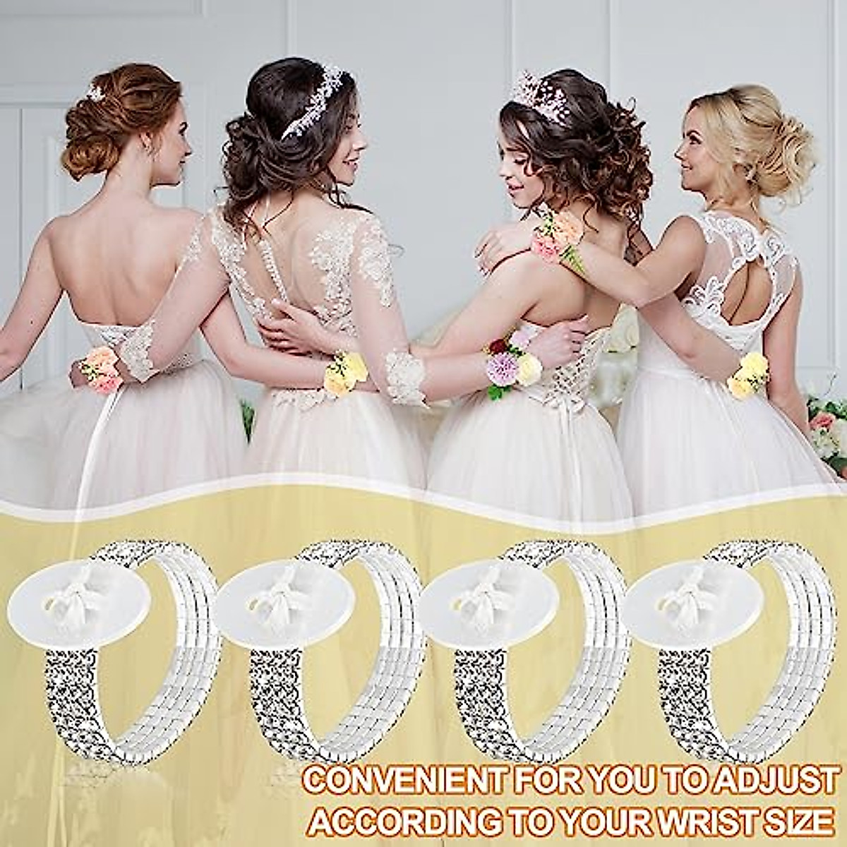 Bonuci 4 Pieces Corsage Wristlet Bands Rhinestone Bracelet Wristlets Stretch DIY Wedding Wristband Corsage Accessories Bracelets for Wedding Party Prom Bride Shower Party Anniversary