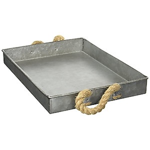 Cheung's FP-3744 Galvanized Metal Rectangular Tray with Rope Handle, Gray, Brown, 16x11.75x2