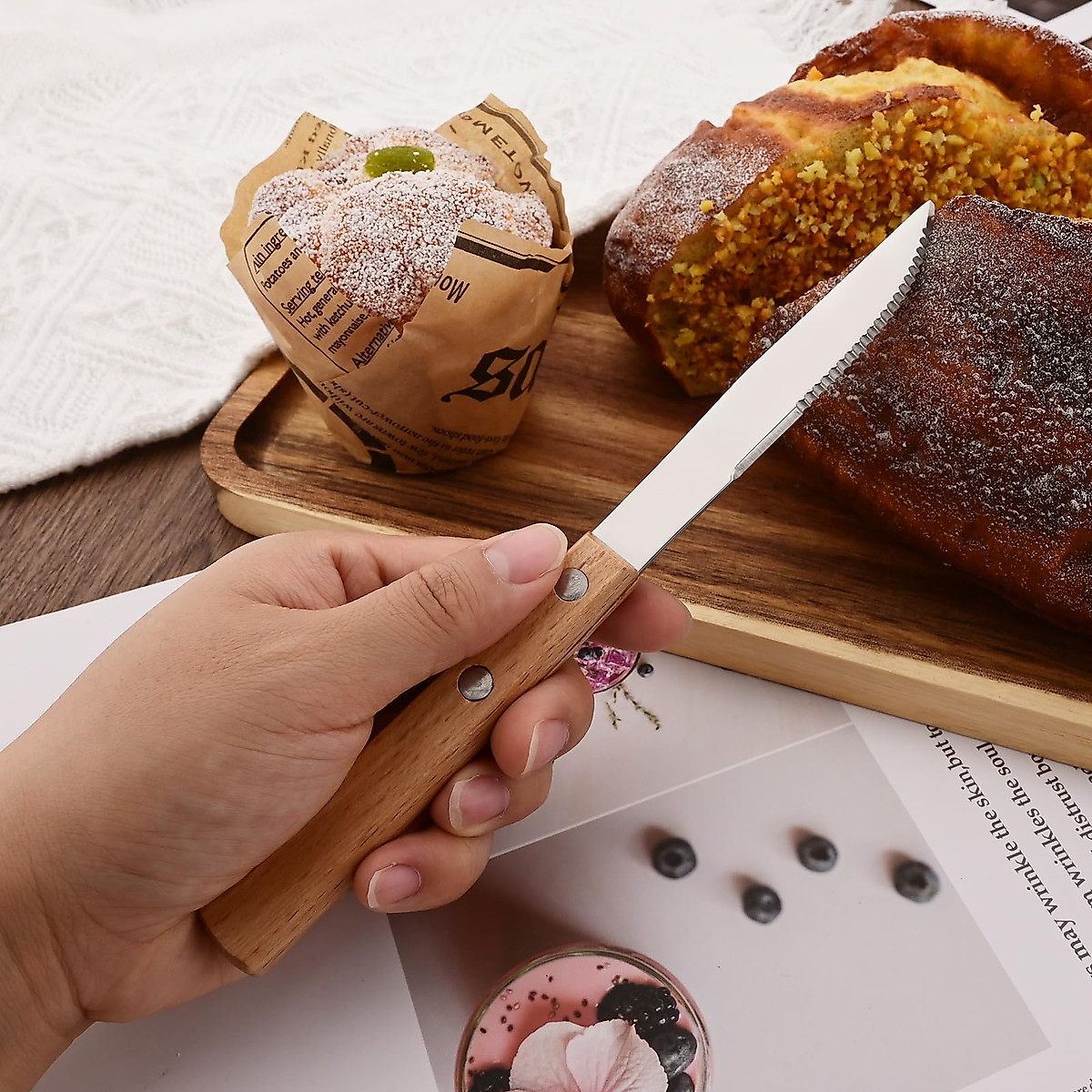 Reusable Wood Handle Flatware Set for 8 - Uniturcky 304 Stainless Steel Silverware Set Includes 8 Each Forks Spoons and Knives - Eating Utensils Cutlery Set for Home Restaurant (24PCS, Log)