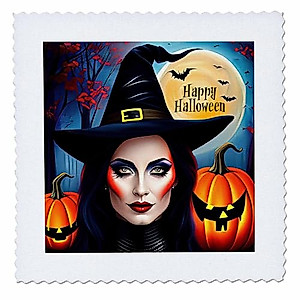 3dRose Stunning Witch Beauty, Jack-o-Lanterns. Happy Halloween... - Quilt Squares (qs-378875-2)