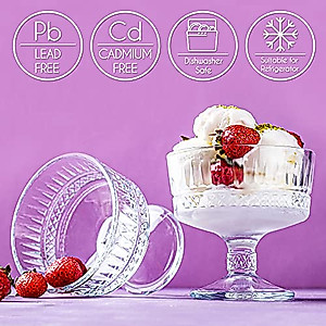 Crystalia Glass Ice Cream Bowls, Crystal Dessert Cups Set of 2, Clear Pedestal Bowls, Small Glass Bowls for Parfait, Trifle, Sundae and Cereal, Footed Desert Cups, Lead-Free Custard Cups