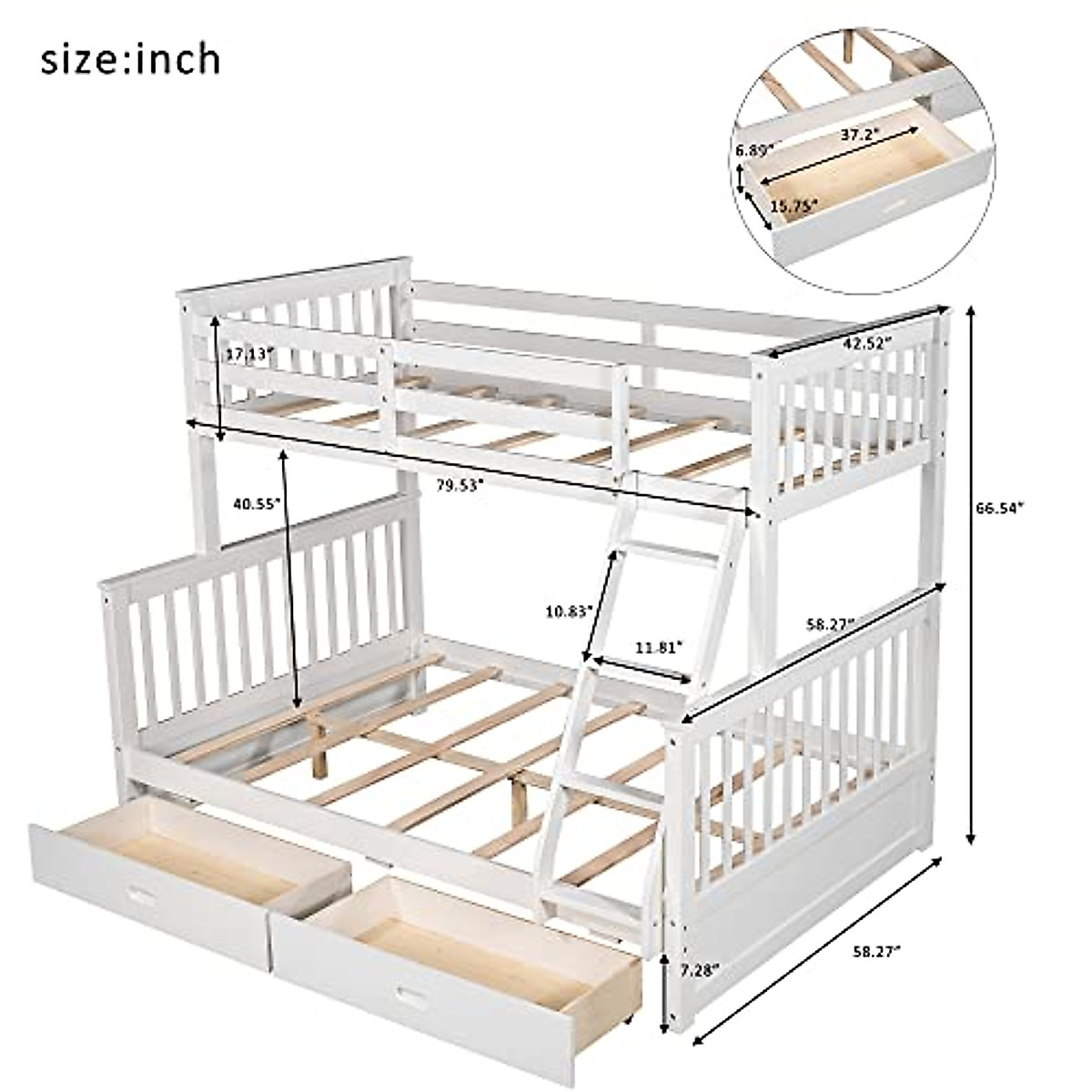 JJRY Twin-Over-Full Bunk Bed can be Divided into Two Individual beds, Wood Bed Frame with Inclined Ladder and Two Storage Drawers (White)