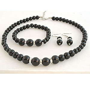 Femtindo Faux Pearl Necklace Earring and Bracelet Black Costume Jewelry Set for Women