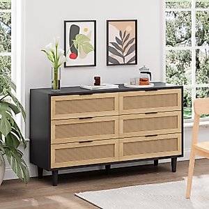 NTYUNRR Black Rattan Dresser, 6 Drawer Double Dresser for Bedroom, 51.18" Rattan Dresser for Closet, Rattan Storage Cabinet Rattan Drawer with Metal Handles, for Living Room, Black M