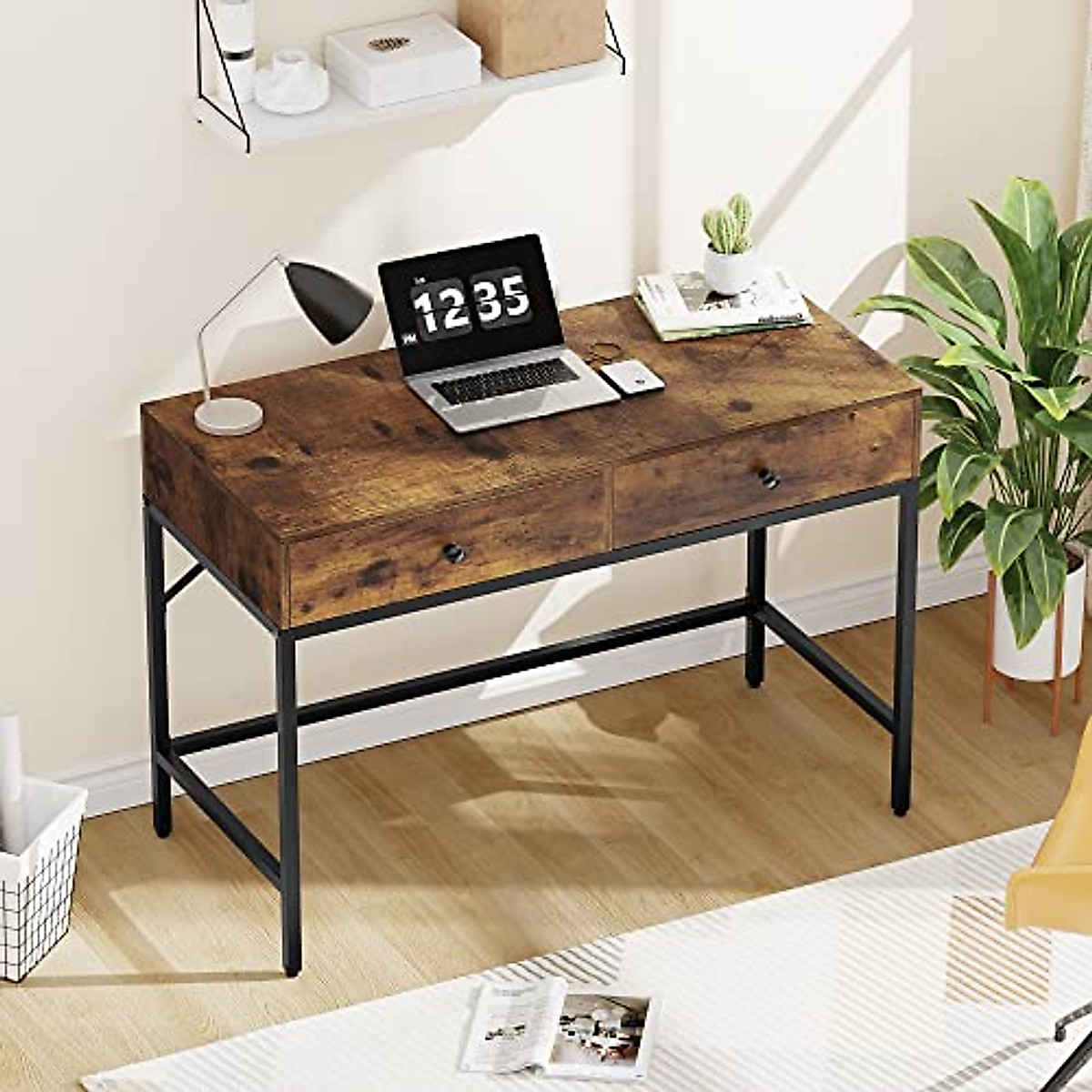 SUPERJARE Vanity Desk with Drawers, 47 inch Computer Desk, Modern Simple Home Office Desks, Makeup Dressing Table for Bedroom - Rustic Brown