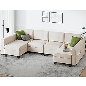 AYEASY 113'' Modular Sectional Sofa, Convertible Sectional Couches for Living Room U Shaped Sectional Sofa Couch with Storage Ottoman, High Supportive 6 Seats Reversible Sectionals with Chaise, Beige