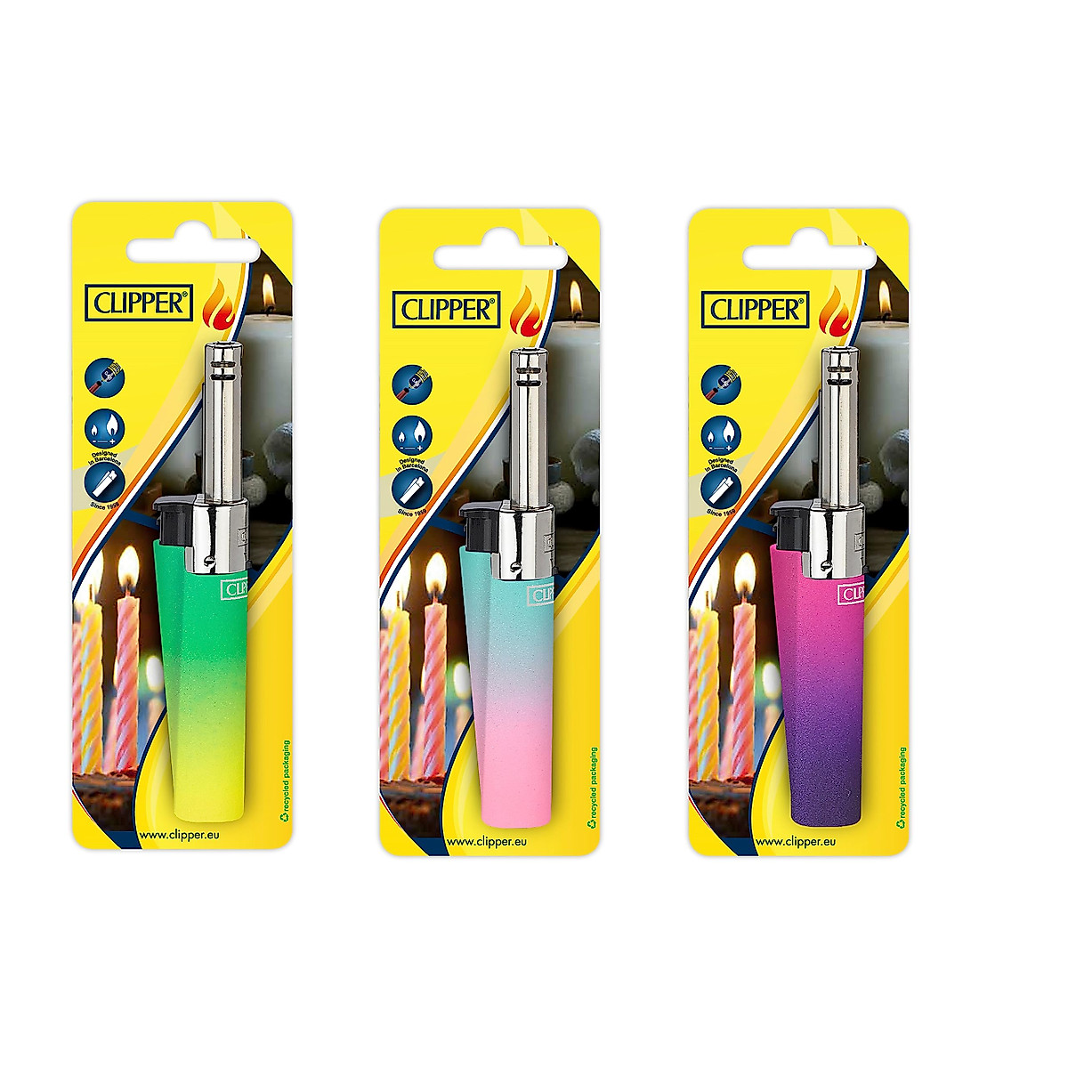 Clipper - Mini Tube Reusable Lighter - Refillable Candle Lighters with Extended Wand and Adjustable Flame - Great Lighters for Candle, BBQ, Firepits, and Use in The Outdoors - 3 Pack - Gradient