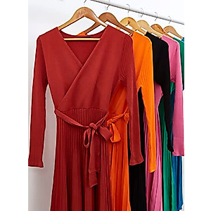 ZESICA Women's 2023 Fall Long Sleeve Wrap V Neck Ribbed Knit Pleated A Line Pullover Sweater Dress with Belt,Rust,Large