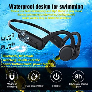 Bone Conduction Headphones, IPX8 Waterproof Headsets for Swimming, 8H Playtime, Open Ear Bluetooth Wireless Earphones with 8GB Flash Memory, for Running, Diving, Workout, Cycling