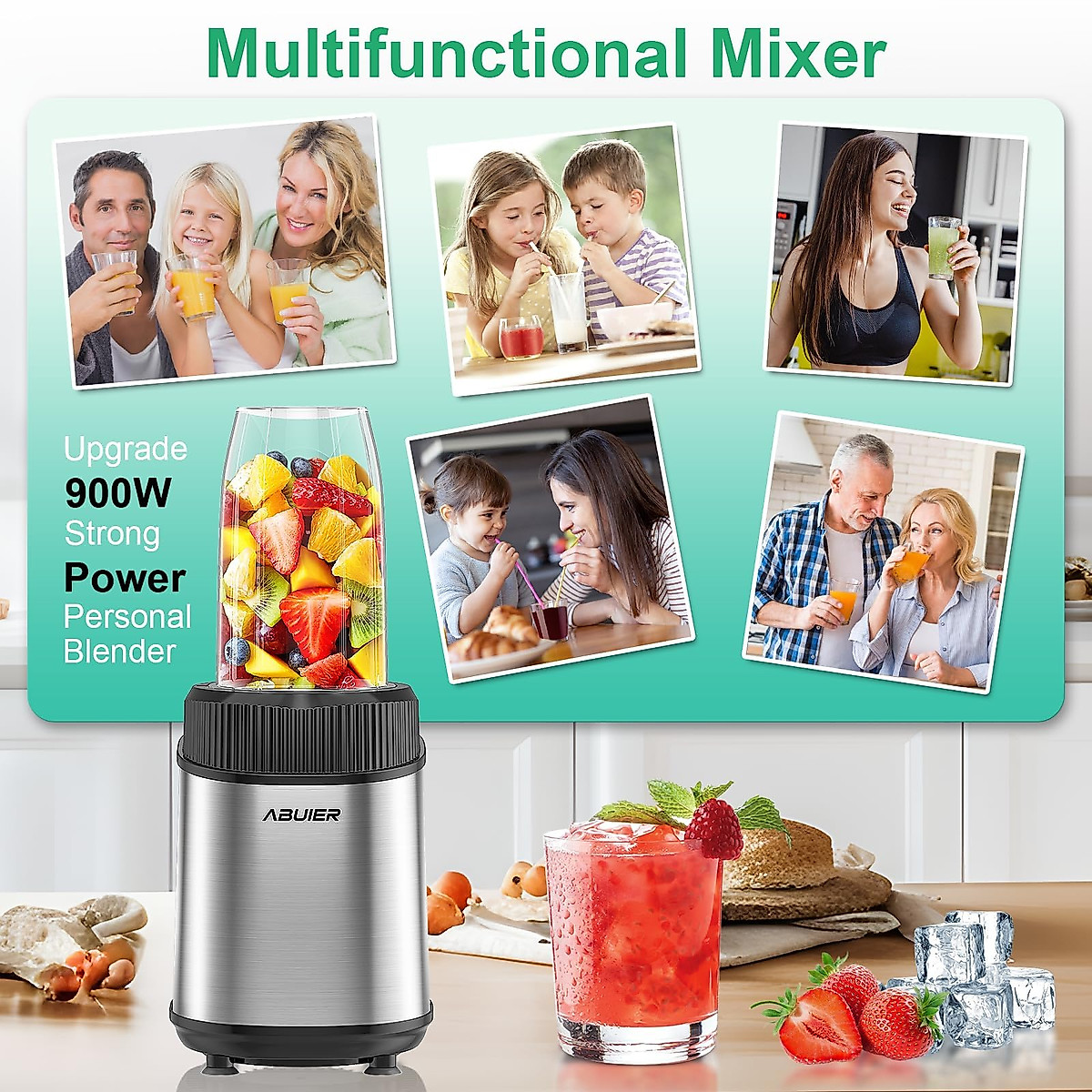 Bullet Blender Smoothie Maker 900W with To-Go Cups, Smoothie Blender, Upgrade 6-Point Blade, Smoothie Blender, Shake Blender Combo for Frozen Drink