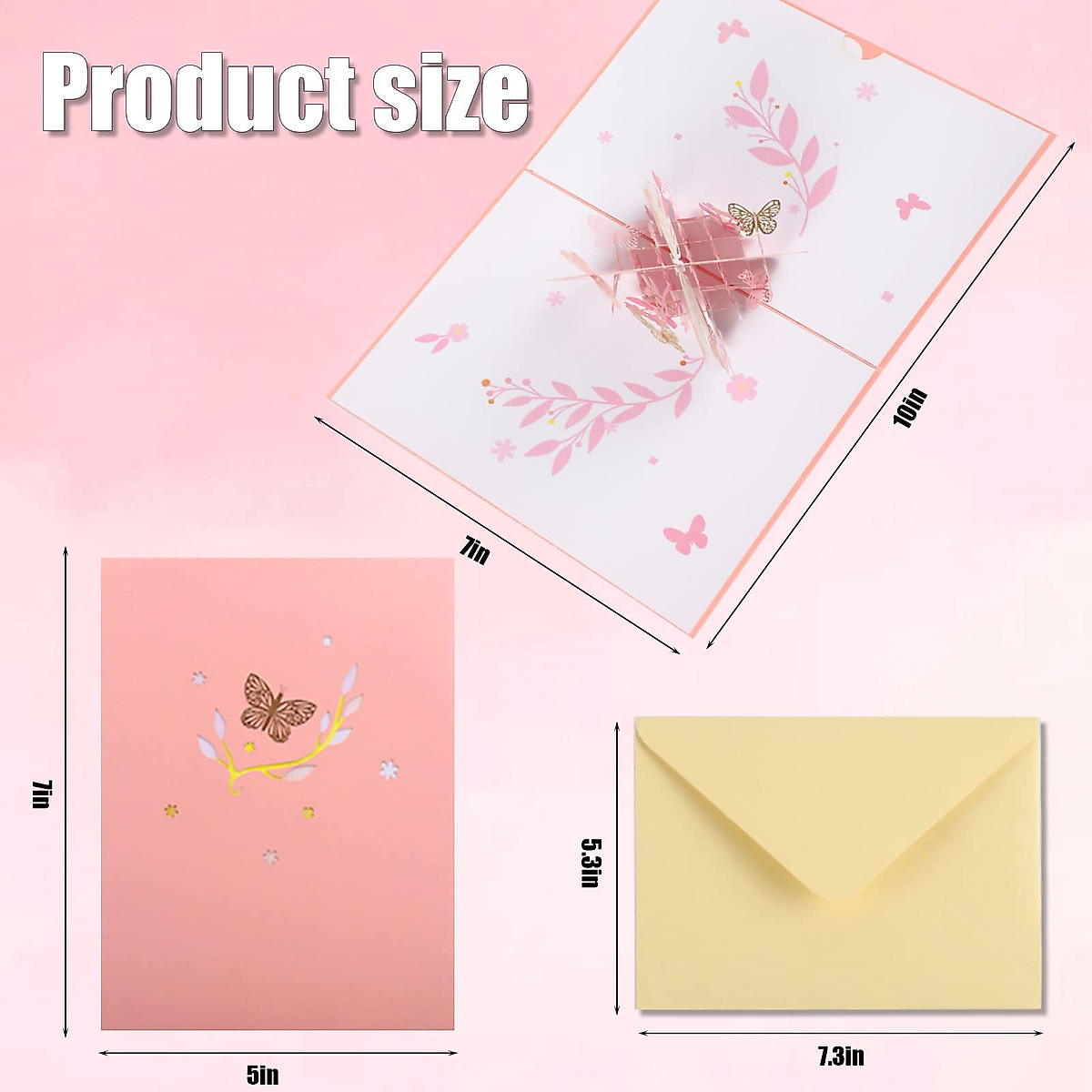 Pop Up Butterfly Birthday Card with Envelopes,3D Flying Butterflies Flower Birthday Cards，Handmade Colorful Popup Greeting Cards, For Birthday, Valentines Day,7.8x5.9 inch (Pink butterfly)