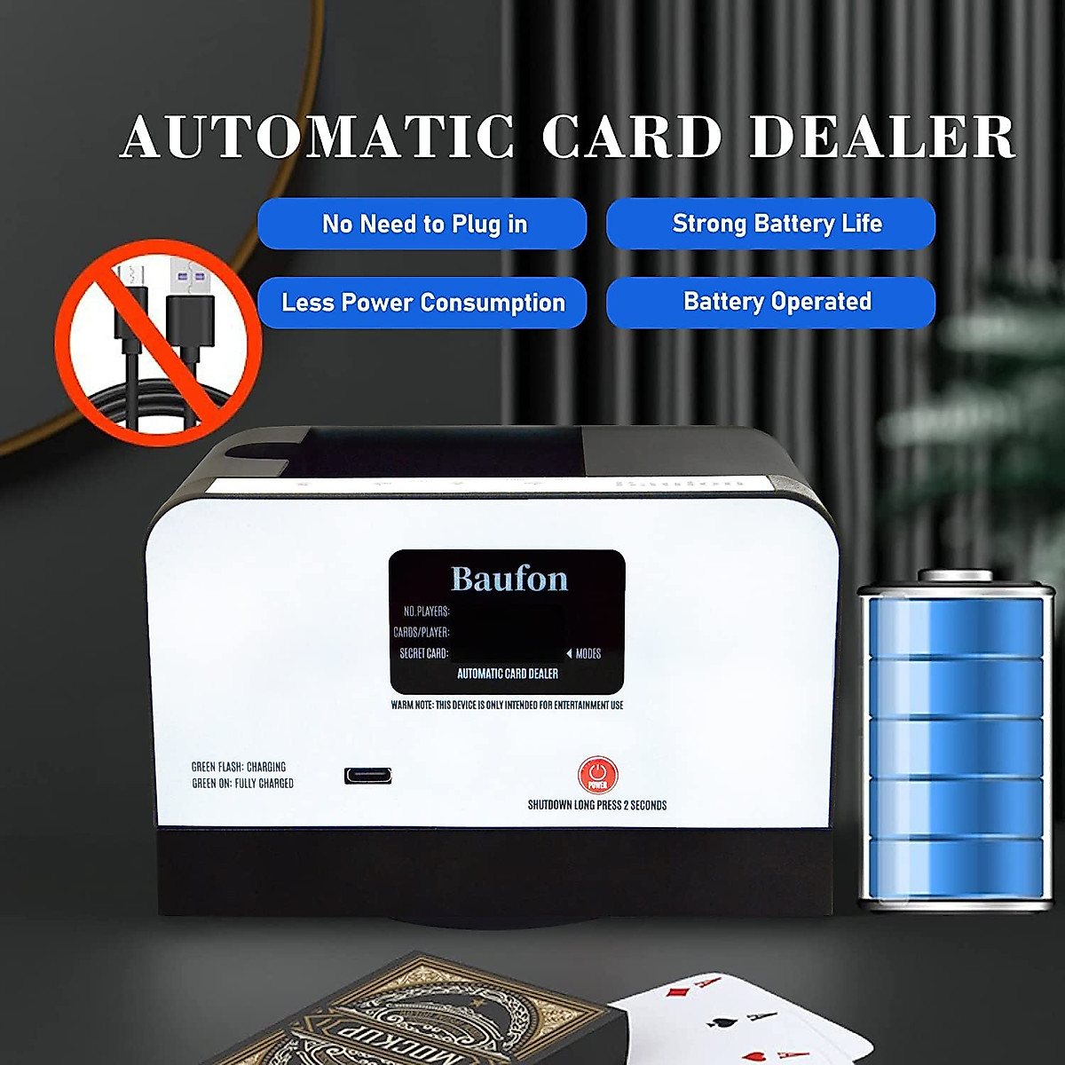 Baufon Automatic Card Dealer, Electric Card Dealer Machine, Rotating Card Dealer Machine for UNO, Blackjack, Texas Hold'em, Home Card Games (Black)